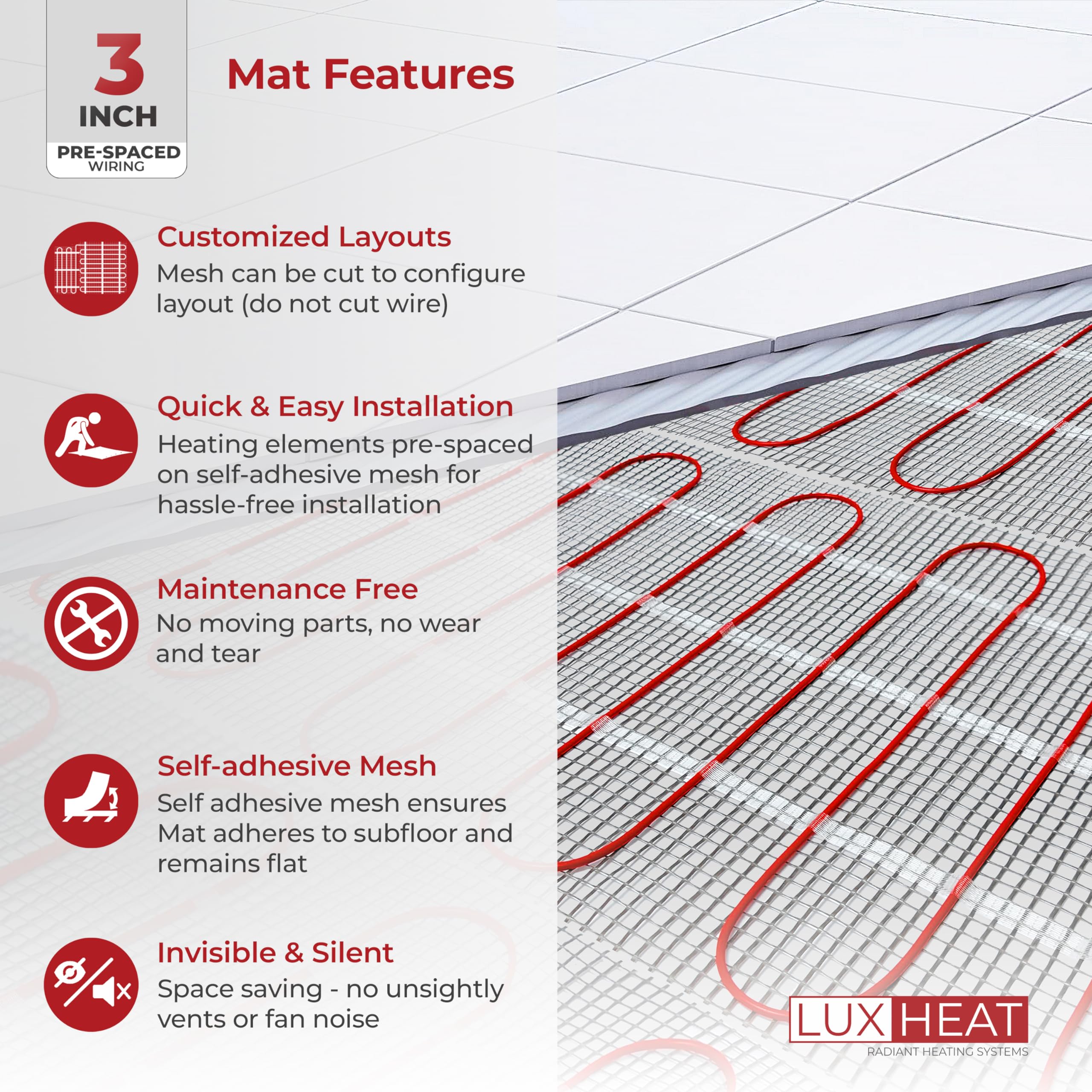 LuxHeat 80 Sqft Mat Kit, 120v Electric Radiant Floor heating System for Under Tile & Laminate. Floor Heat Kit Includes Heating Mat, Alarm, OJ Microline Non Programmable Thermostat with GFCI & Sensor