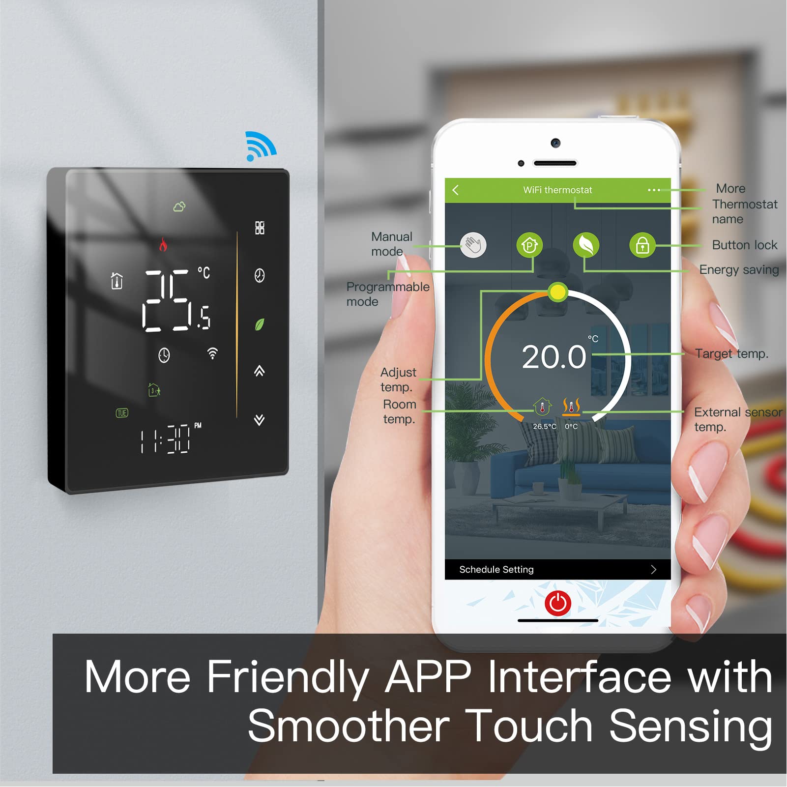 Professional Smart Thermostat,APP Control, WIFI,Programmable,Intelligent Temperature Control for Efficient Energy Usage,Remote Access,95 240VAC,Ideal for Electric Floor Heating