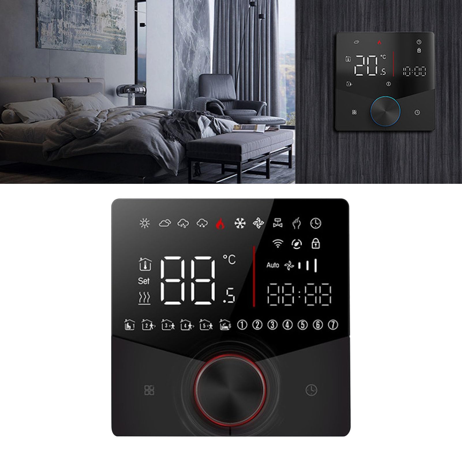 WiFi Programmable LCD Display Smart Thermostat for Tuya with Knob, Floor Heating Control Panel, Digital (Black)