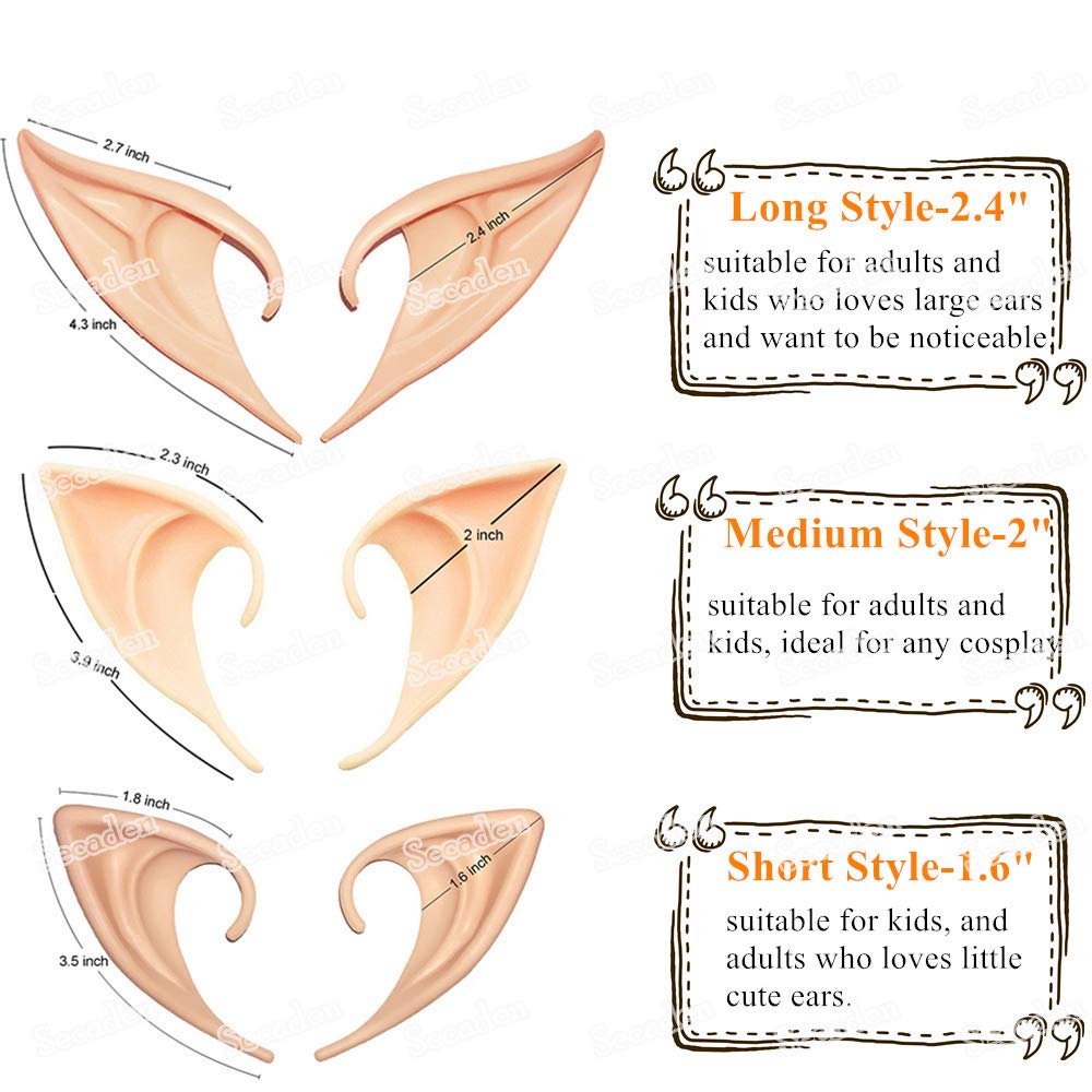 Secaden Cosplay Fairy Pixie Elf Ears Soft Pointed Ears Tips Anime Party Dress Up Costume Accessories (Long Style)