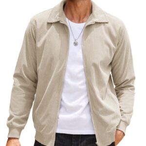 COOFANDY Men's Casual Corduroy Lightweight Jacket Cream Collared Bomber Jacket