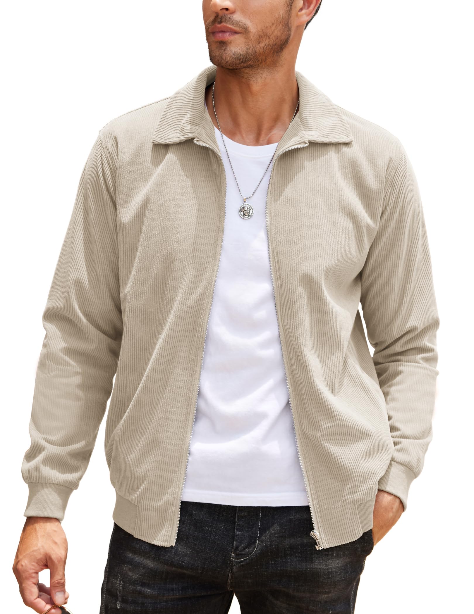 COOFANDY Men's Casual Corduroy Lightweight Jacket Cream Collared Bomber Jacket