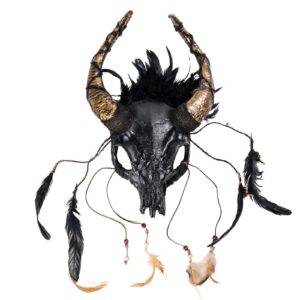 ilovemasks scary antler antelope horns wendigo full face masquerade mask for halloween party, horror adult halloween devil feather skull skeleton animal wendigo costume headdress w/feather black gold