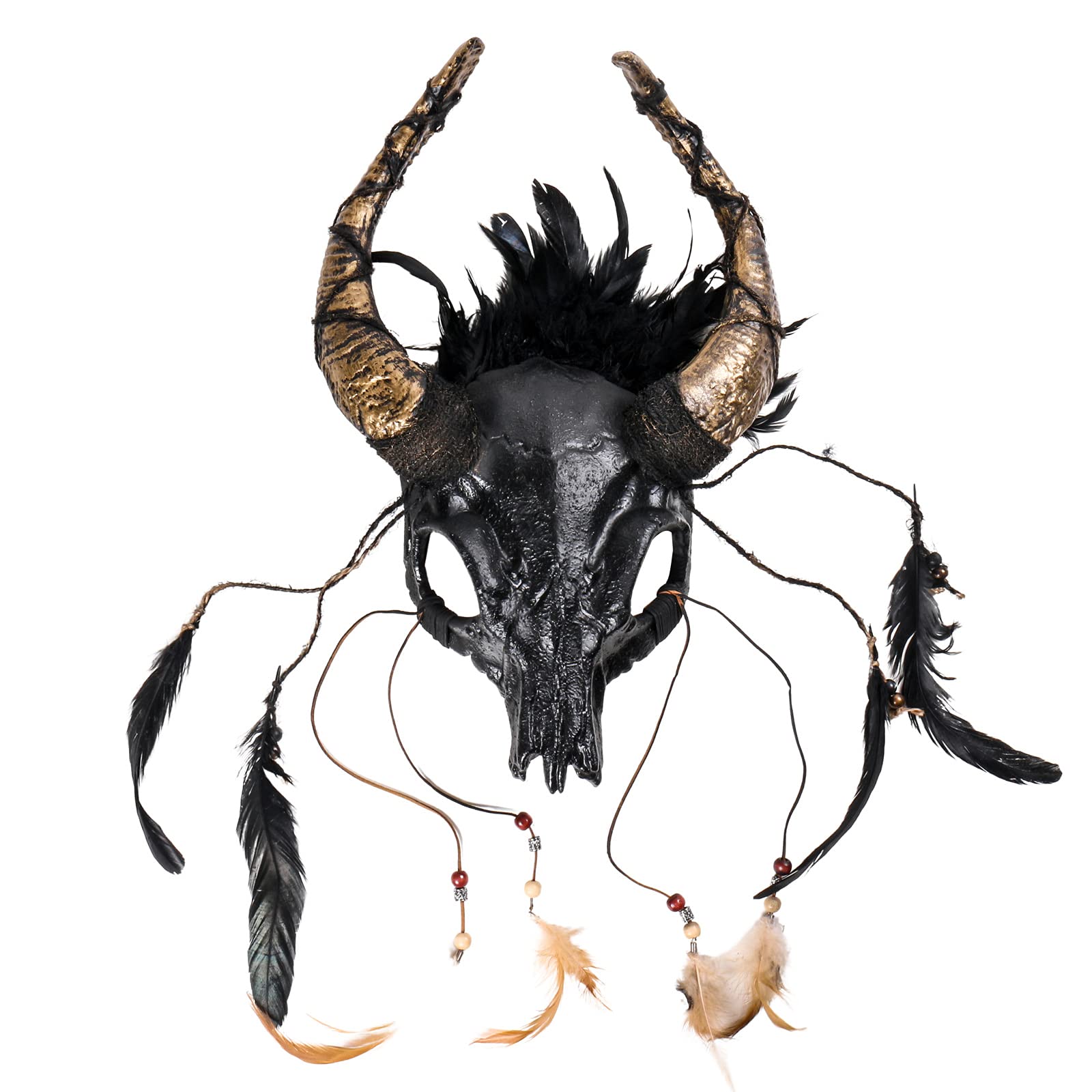 ILOVEMASKS Scary Antler Antelope Horns Wendigo Full Face Masquerade Mask for Halloween Party, Horror Adult Halloween Devil Feather Skull Skeleton Animal Wendigo Costume Headdress w/Feather Black Gold