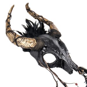 ILOVEMASKS Scary Antler Antelope Horns Wendigo Full Face Masquerade Mask for Halloween Party, Horror Adult Halloween Devil Feather Skull Skeleton Animal Wendigo Costume Headdress w/Feather Black Gold