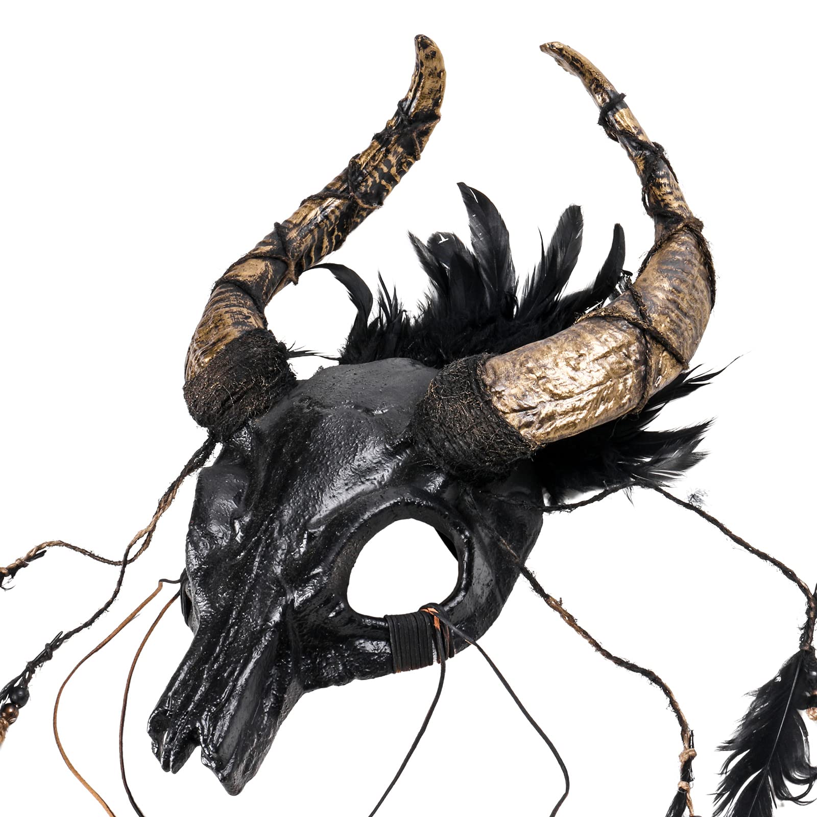 ILOVEMASKS Scary Antler Antelope Horns Wendigo Full Face Masquerade Mask for Halloween Party, Horror Adult Halloween Devil Feather Skull Skeleton Animal Wendigo Costume Headdress w/Feather Black Gold