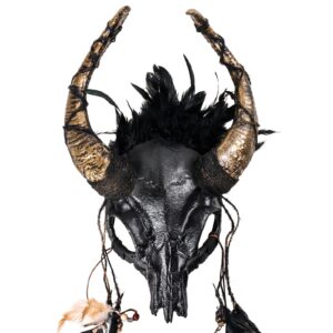 ILOVEMASKS Scary Antler Antelope Horns Wendigo Full Face Masquerade Mask for Halloween Party, Horror Adult Halloween Devil Feather Skull Skeleton Animal Wendigo Costume Headdress w/Feather Black Gold