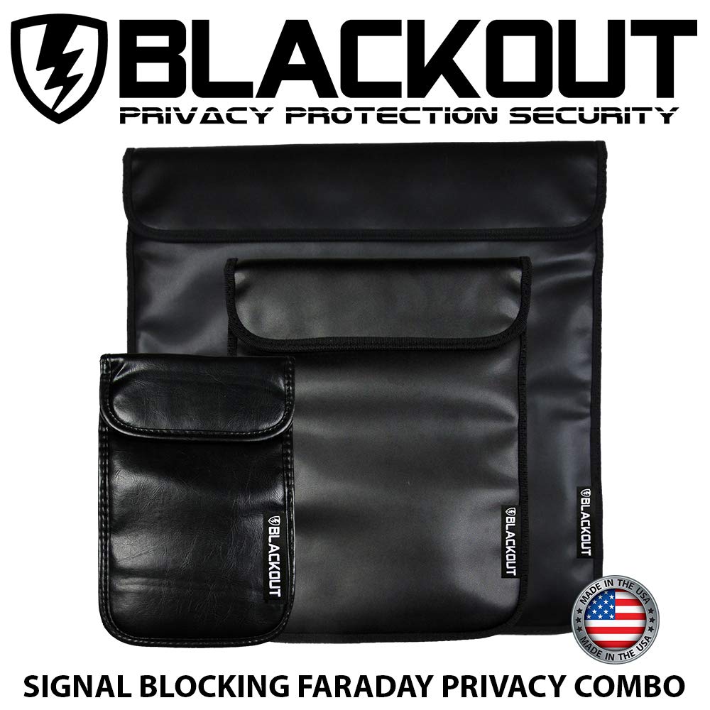 BLACKOUT RFID Blocking Faraday Cage Privacy Bag EMP Bag Combo for Laptops, Tablets Smartphones TB Hard Disk SSL Drives iPad iPhone Galaxy Passports Credit Cards