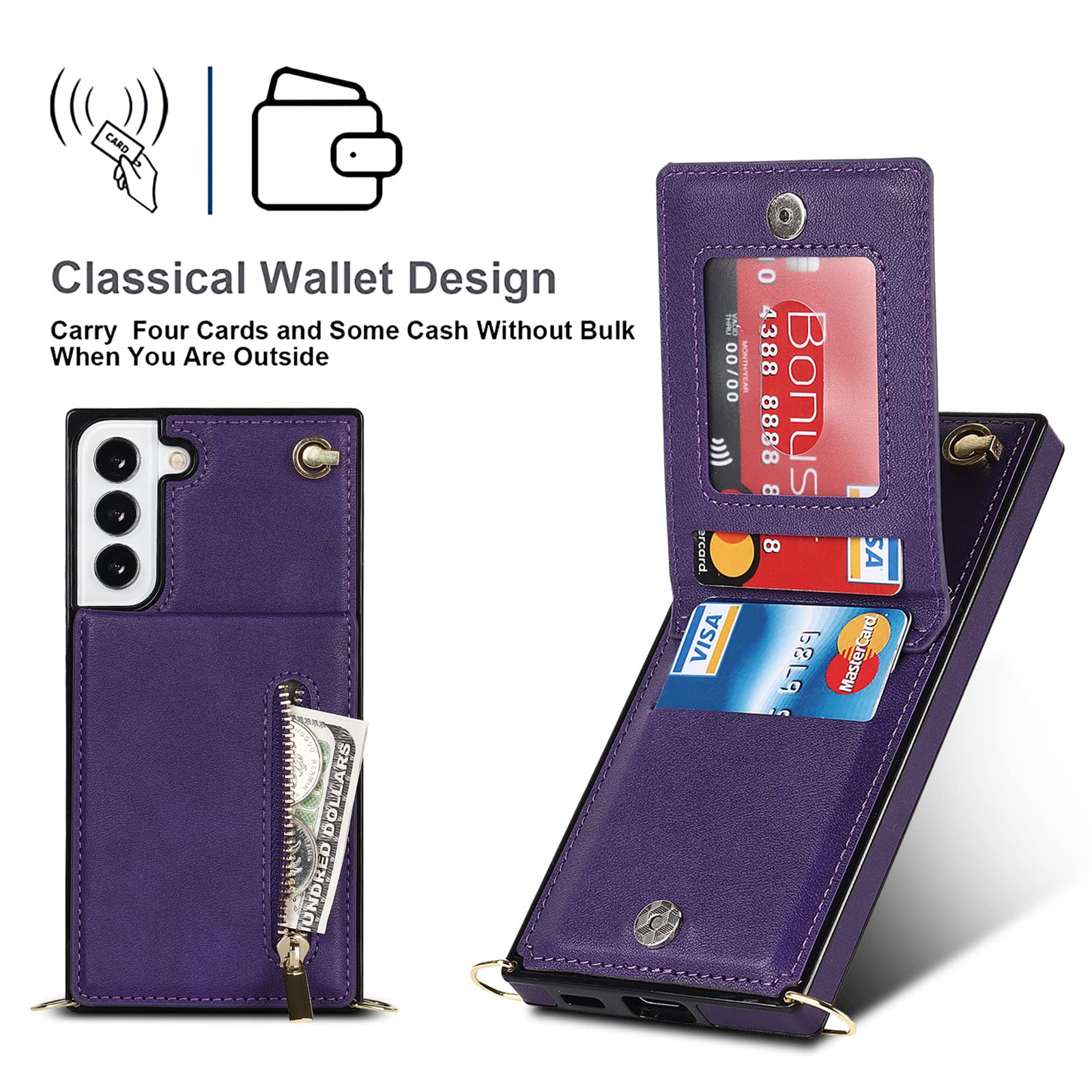 Tncavo Crossbody Wallet Case for Samsung Galaxy S22 Plus for Women, RFID Blocking Card Holder PU Leather Zipper Handbag Purse Phone Cover with Lanyard Strap for Samsung Galaxy S22 Plus XKL Purple