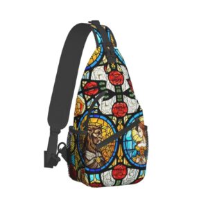 fycfslmy beauty and beast fairytale glass crossbody sling backpack for women & men chest sling backpack casual for travel hiking