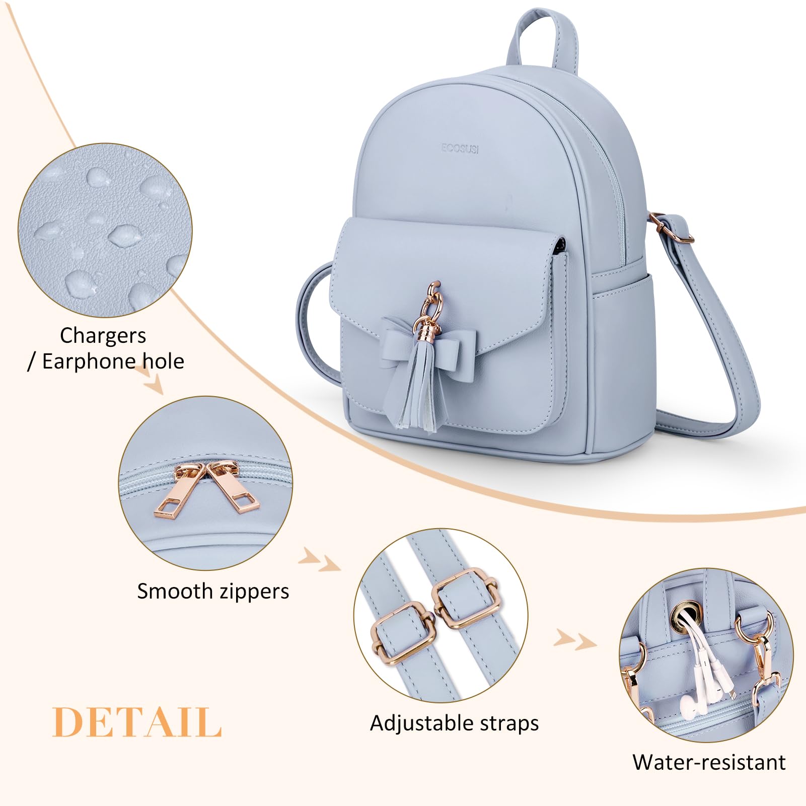 ECOSUSI Mini Backpack for Women Girls Cute Bowknot Small Backpack Purse Ladies Leather Bookbag Satchel Bag, with Charm Tassel