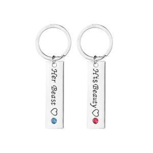 floralby 1 pair her beast/his beauty rectangle key ring keychain couple bag pendant car key decor