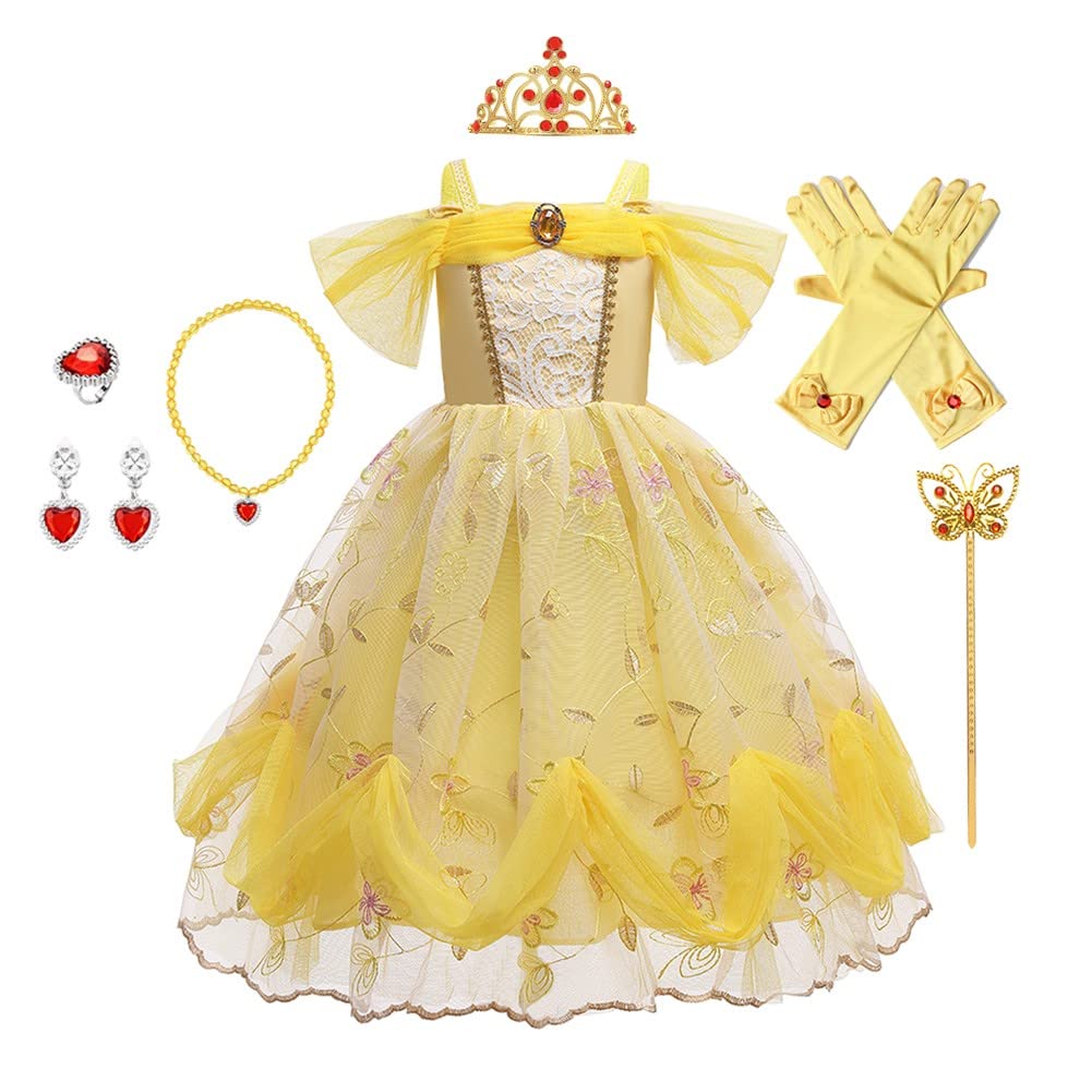 CinheyU Girls Belle Princess Birthday Party Dress w/Accessories Beauty and the Beast Costume Halloween Christmas Outfits Yellow 005 6-7T