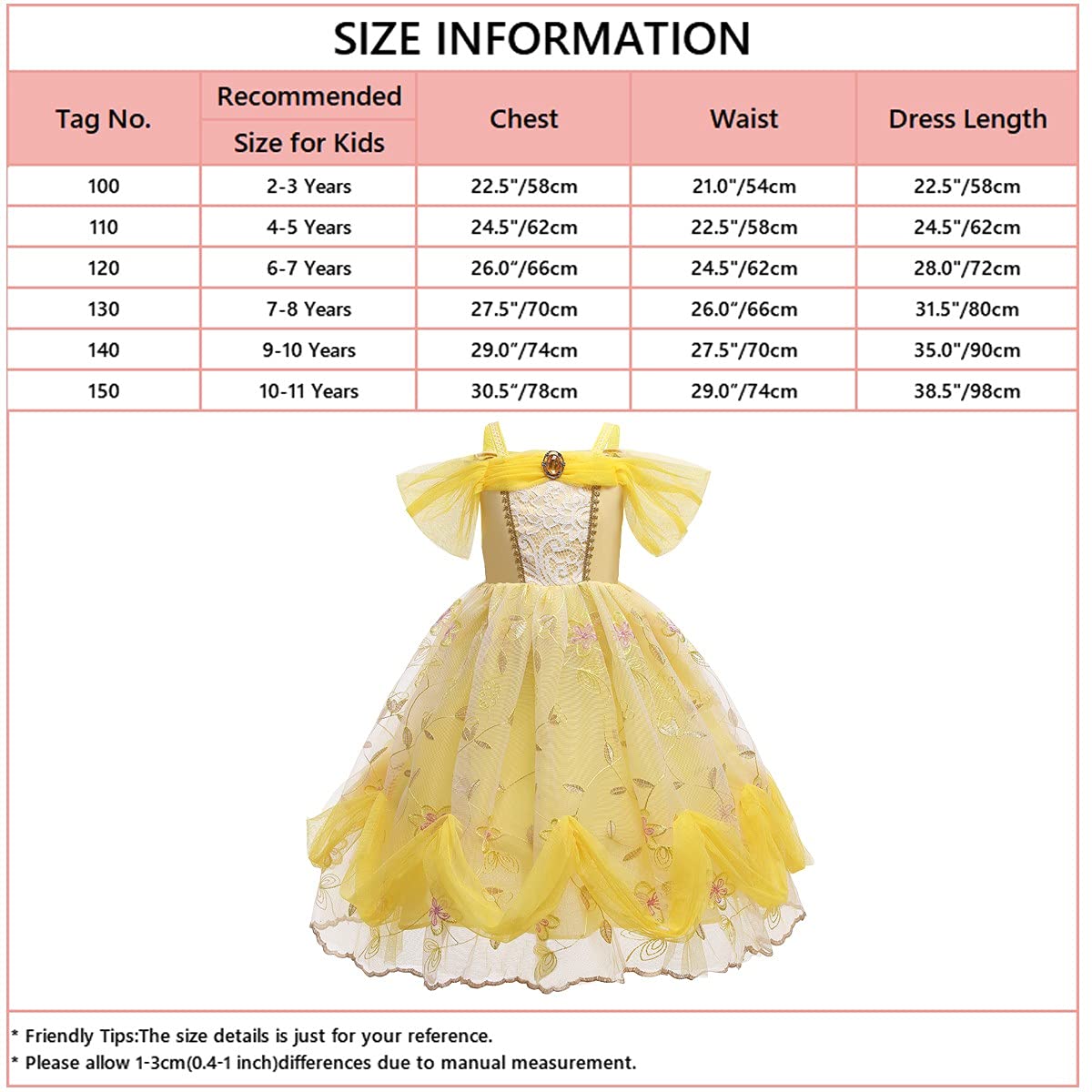 CinheyU Girls Belle Princess Birthday Party Dress w/Accessories Beauty and the Beast Costume Halloween Christmas Outfits Yellow 005 6-7T