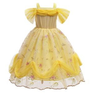 CinheyU Girls Belle Princess Birthday Party Dress w/Accessories Beauty and the Beast Costume Halloween Christmas Outfits Yellow 005 6-7T