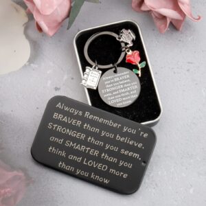 KUIYAI Fairytale Jewelry Belle Rose Charm Keychain Always Remember You’re Braver Than You Believe Keychain Inspirational Gift (BellesKBLK)