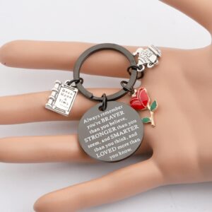 KUIYAI Fairytale Jewelry Belle Rose Charm Keychain Always Remember You’re Braver Than You Believe Keychain Inspirational Gift (BellesKBLK)