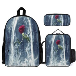 jzdach backpack for unisex, water resistant backpack with insulated lunch bag & pencil pouch (compatible with beauty the beast rose)