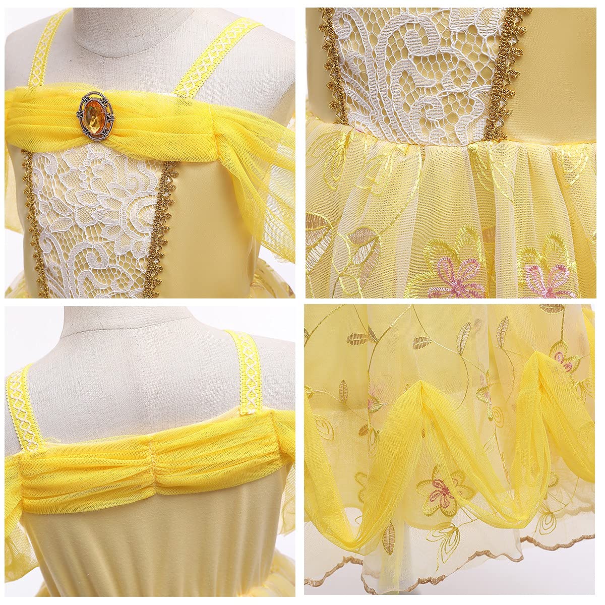 FMYFWY Girls Belle Princess Fancy Dress Beauty and Beast Outfits Halloween Christmas Birthday Lace Gown w/Accessories,Yellow 011,9-10T