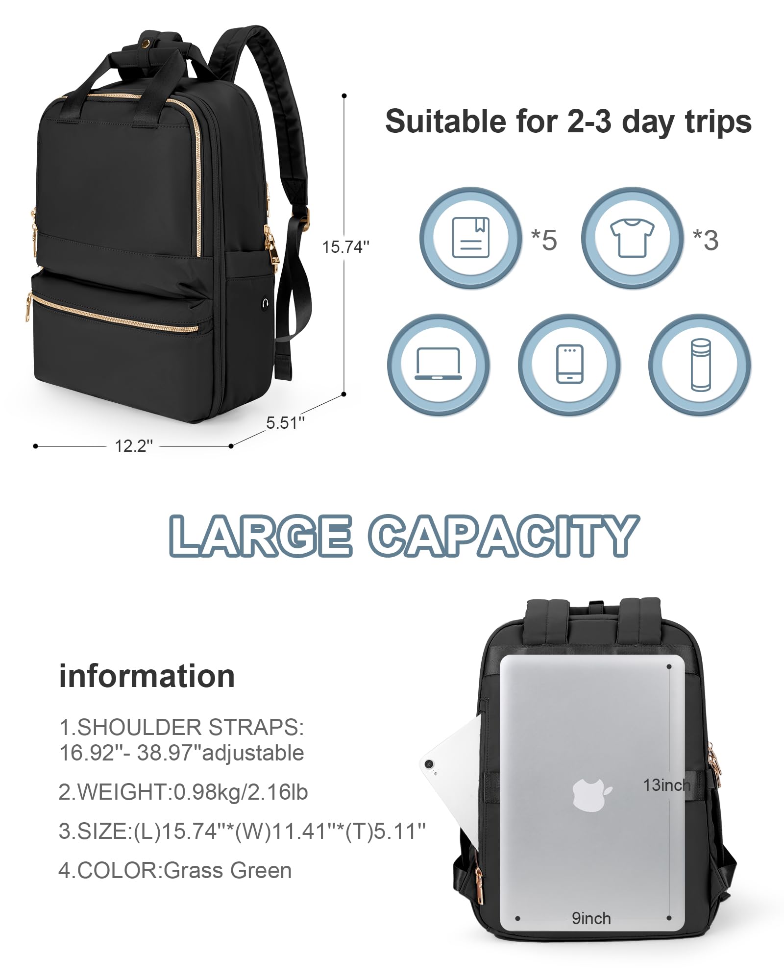 CADOLIM Large Travel Backpack Carry On Flight Approved Black Backpack For Travel Backpacks Waterproof Personal Item Backpack Travel Bag For Women Mens Mochila De Viaje Traveling Backpack