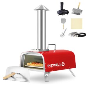 pizzello 12" outdoor pizza oven propane & wood fired pizza maker multi-fuel pizza ovens with gas burner, wood tray, stone, pizza peel, cover, forte gas (red)