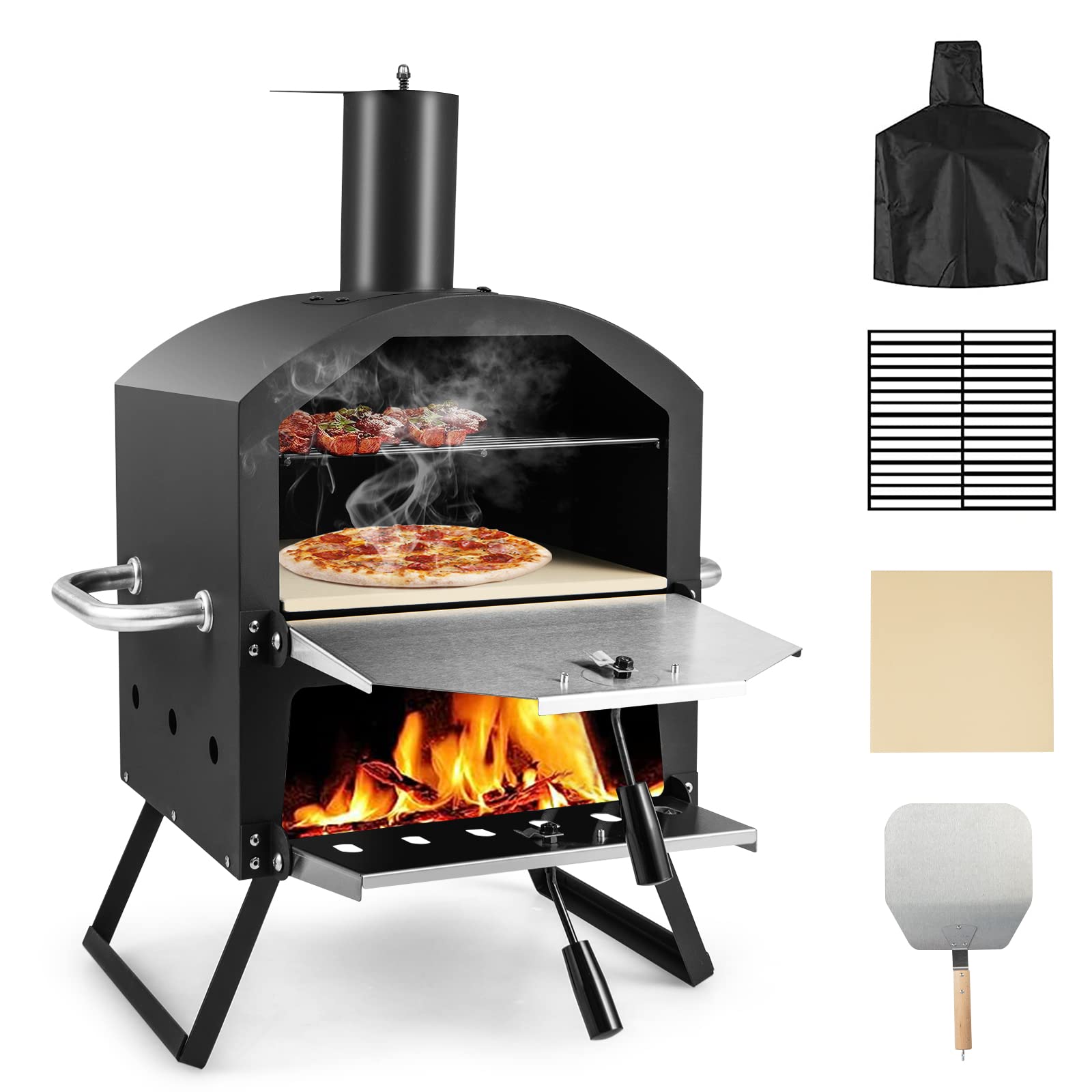 PETSITE Pizza Oven Outdoor, Wood Pellet Fired Pizza Oven with 12 Inches Pizza Stone & Waterproof Cover, 2-Tier Design Portable Stainless Steel Grill Pizza Maker for Outside Backyard Party