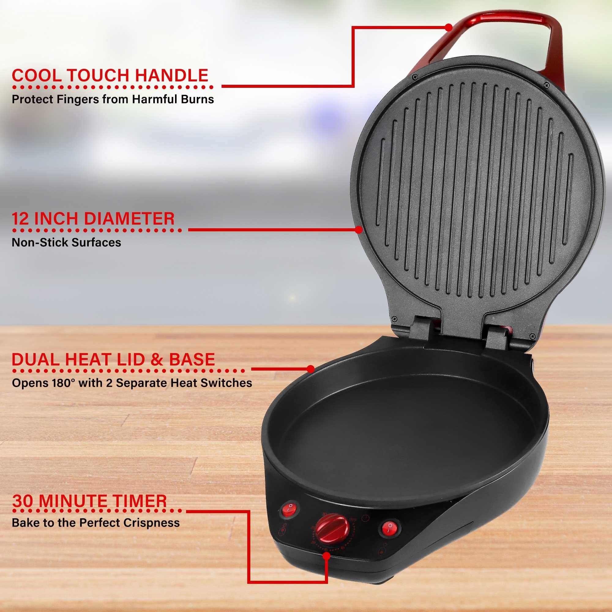 Brentwood TS-124R 12-Inch Non-Stick Pizza Maker and Grill with Timer, Red