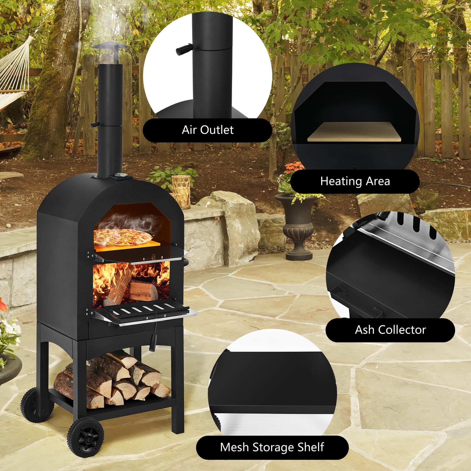 COSTWAY Outdoor Pizza Oven, Wood Fired Pizza Oven for Outside, Patio Pizza Grill with Pizza Stone, Pizza Peel, and Waterproof Cover for Backyard Camping