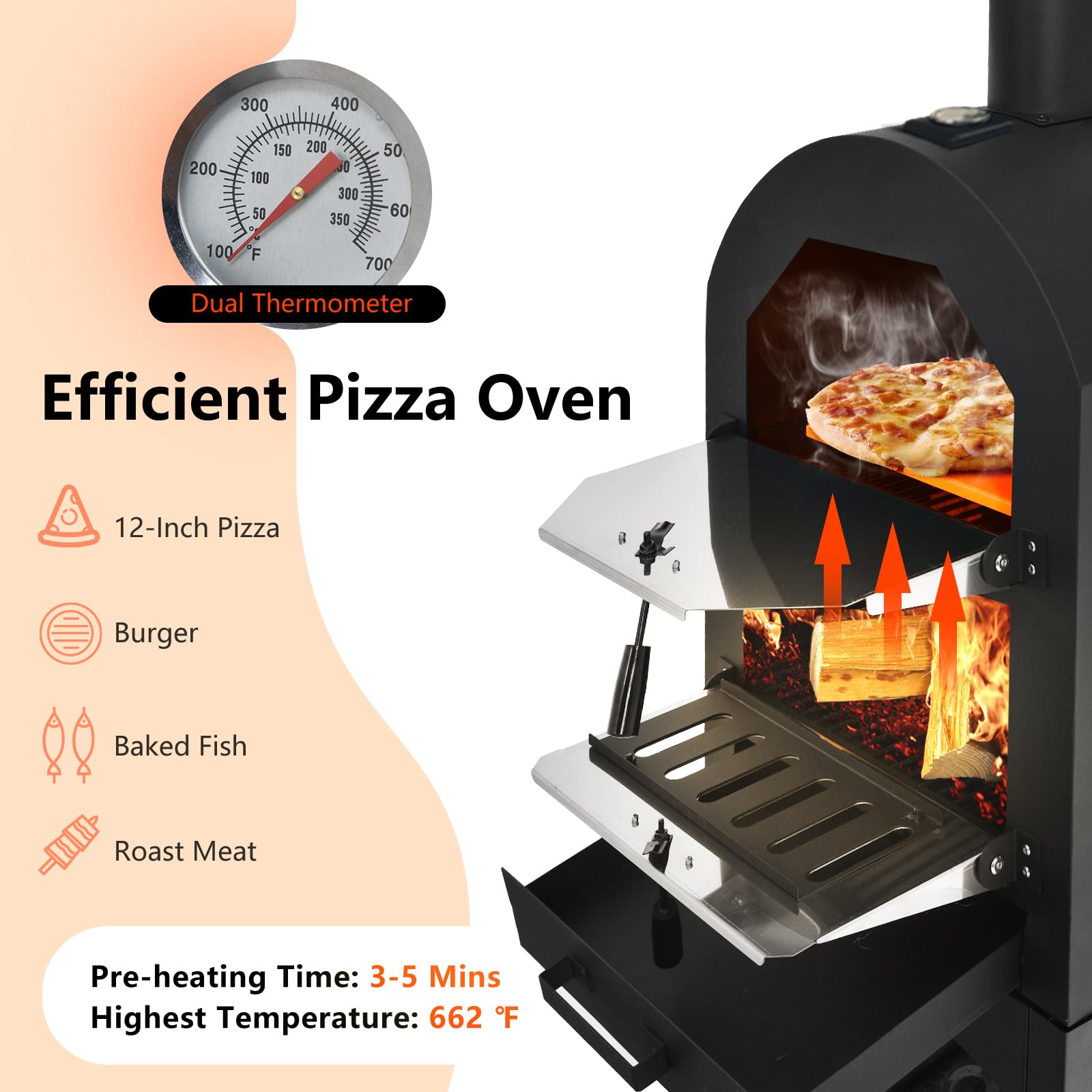 COSTWAY Outdoor Pizza Oven, Wood Fired Pizza Oven for Outside, Patio Pizza Grill with Pizza Stone, Pizza Peel, and Waterproof Cover for Backyard Camping