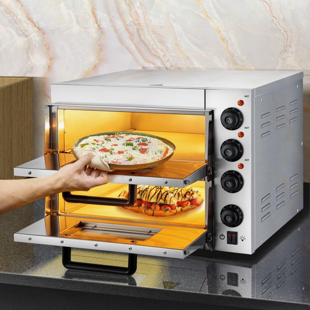 Double Deck Commercial Pizza Oven, 110V 1950W Stainless Steel Electric Pizza Maker with Stone and Shelf - Ideal for Restaurant and Home Pretzels Baked