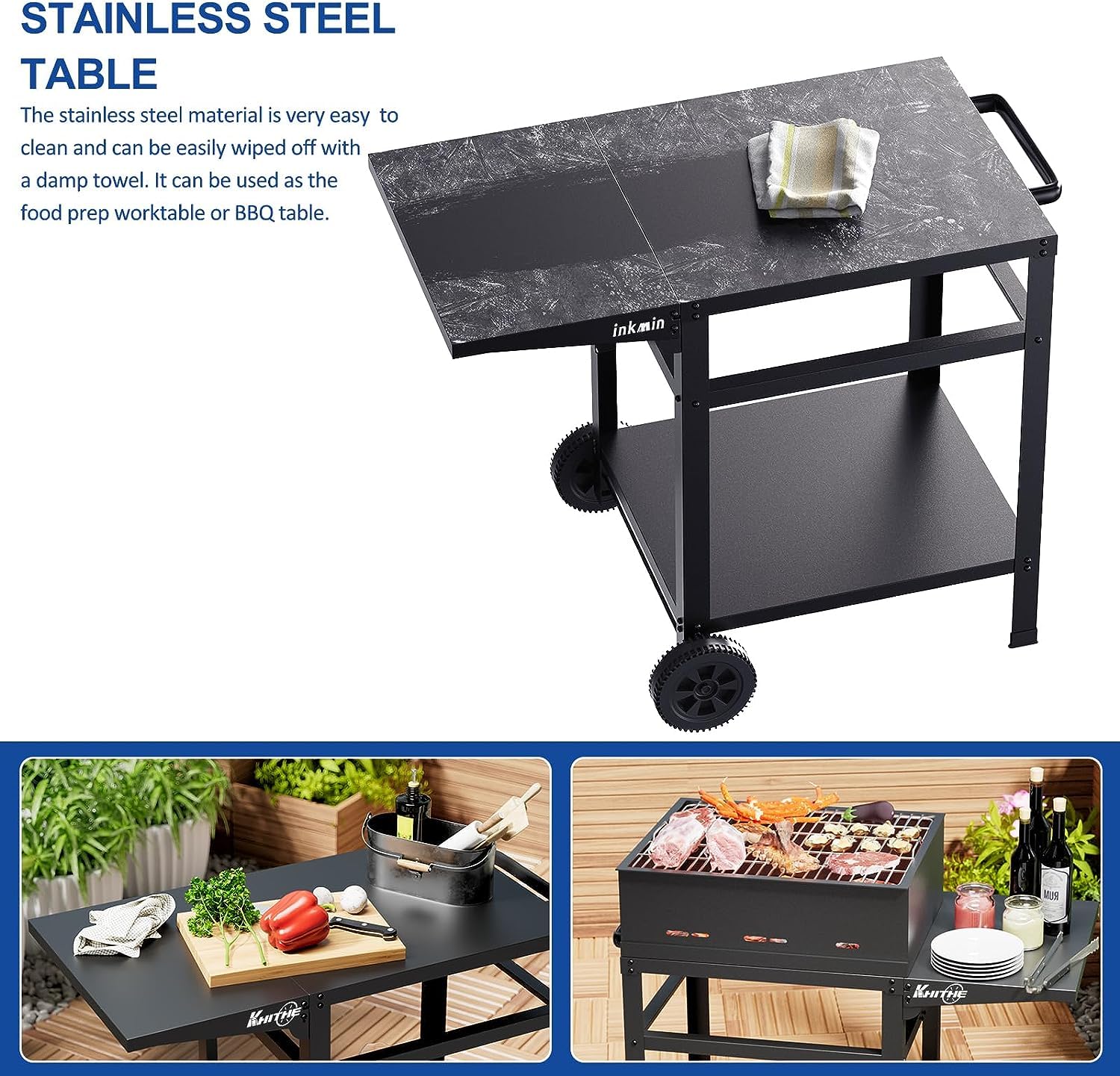 inkmin Pizza Oven Cart Table Outdoor Grill Cart Double-Shelf Movable BBQ Grill Table Stand Stainless Kitchen Food Prep Trolley Worktable Commercial Multifunctional Portable Dining Cart (Double-Deck)