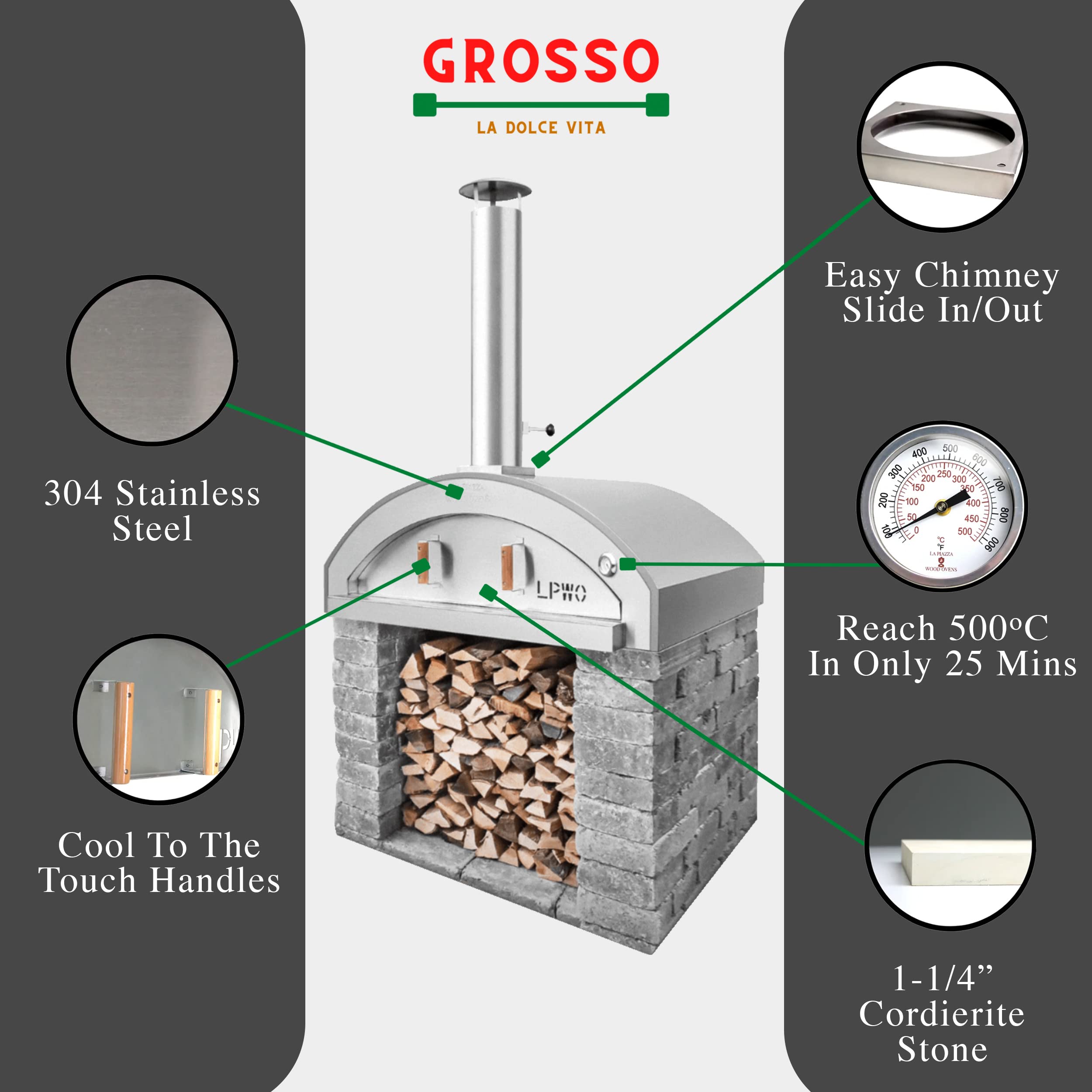 La Piazza Grosso Counter Top - Outdoor Pizza Oven - Wood Burning Oven - Stainless Steel Pizza Oven - 34" x 45” Cooking Surface