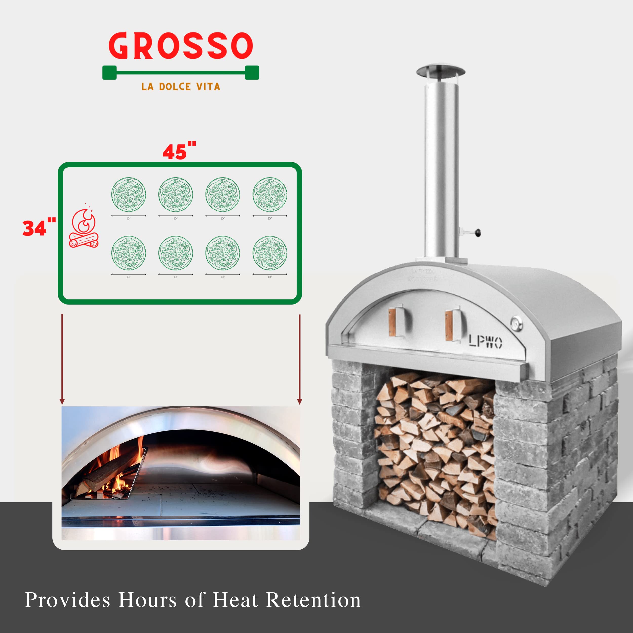 La Piazza Grosso Counter Top - Outdoor Pizza Oven - Wood Burning Oven - Stainless Steel Pizza Oven - 34" x 45” Cooking Surface