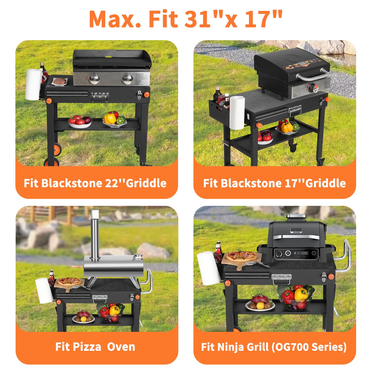 Daintyso Portable Blackstone Griddle Stand Grill Table 17"/22" Grill Cart Pizza Oven Stand Ninja Grill Stand Outdoor Universal Foldable BBQ with Wheels Double Shelf Caddy Cooking Camping Tailgating