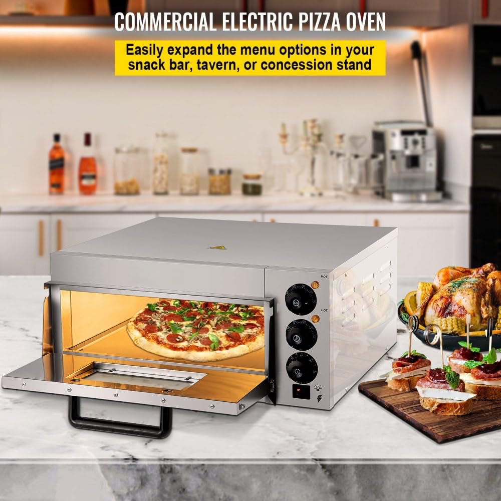 Electric Pizza Oven with Stone and Shelf - 14-inch Single Deck, 110V 1300W - Multipurpose Indoor Pizza Maker for Restaurant and Home Baked Pretzels - Stainless Steel