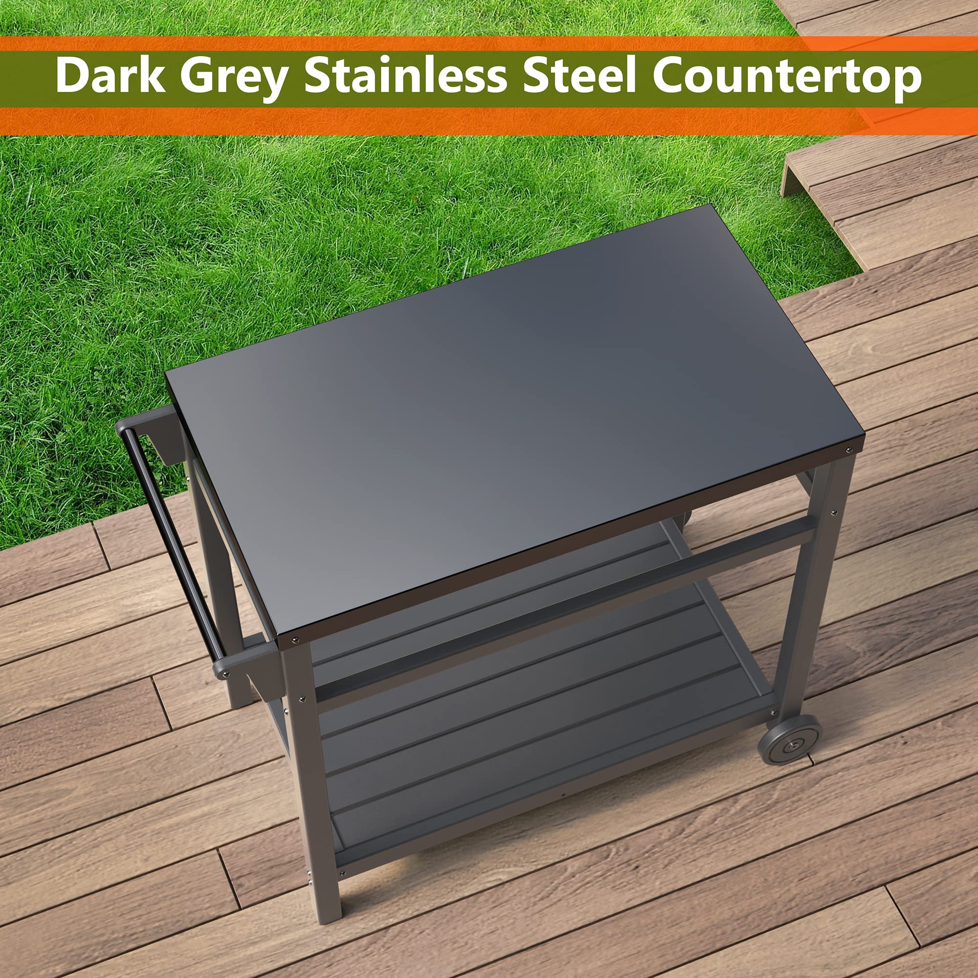 Outdoor Prep Dining Table,Movable Pizza Oven Stand, Stainless Steel Patio Bar Cart,Patio Grilling Backyard BBQ Grill Cart,Dark Gray Tabletop(Gray)