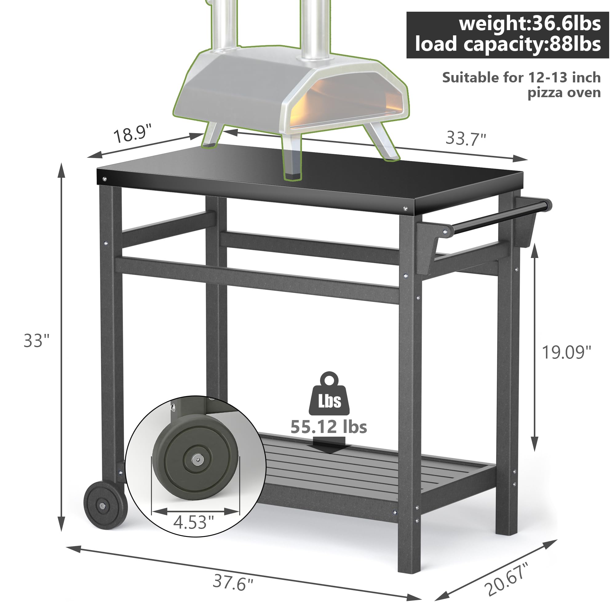 Outdoor Prep Dining Table,Movable Pizza Oven Stand, Stainless Steel Patio Bar Cart,Patio Grilling Backyard BBQ Grill Cart,Dark Gray Tabletop(Gray)