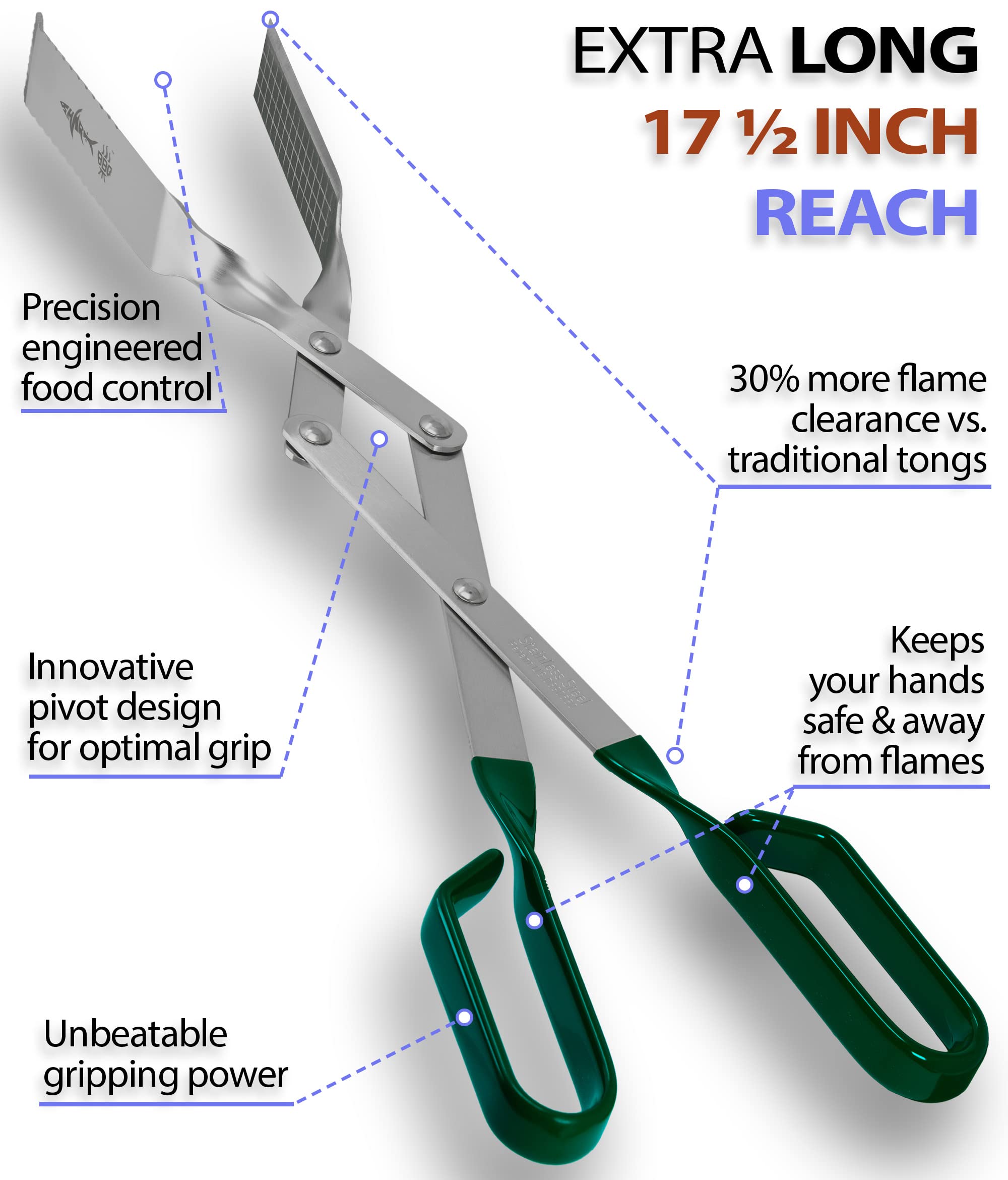 Long Tongs for Grilling: 17.5" Heavy Duty Extra Long BBQ Tongs. Scissor Grip Grilling Tongs, Stainless Steel Metal Tongs for Cooking, Kitchen & Outdoor Barbecue - Grilling Tools & Dad Gift, Green