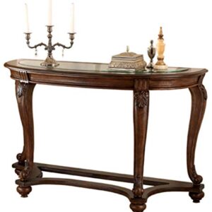 Signature Design by Ashley Norcastle Traditional Half Moon Sofa Table with Beveled Glass Top and Scrollwork Legs, Dark Brown