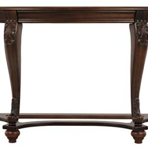 Signature Design by Ashley Norcastle Traditional Half Moon Sofa Table with Beveled Glass Top and Scrollwork Legs, Dark Brown