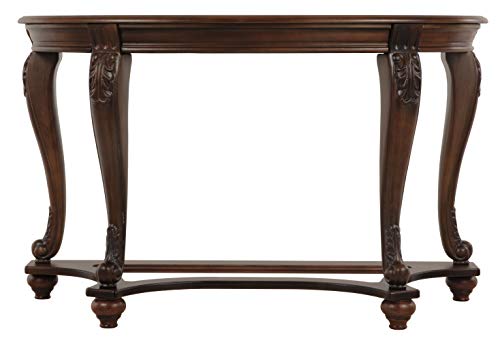 Signature Design by Ashley Norcastle Traditional Half Moon Sofa Table with Beveled Glass Top and Scrollwork Legs, Dark Brown