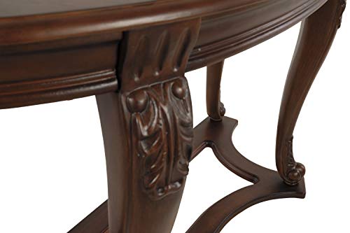 Signature Design by Ashley Norcastle Traditional Half Moon Sofa Table with Beveled Glass Top and Scrollwork Legs, Dark Brown