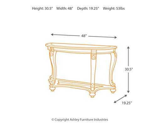 Signature Design by Ashley Norcastle Traditional Half Moon Sofa Table with Beveled Glass Top and Scrollwork Legs, Dark Brown