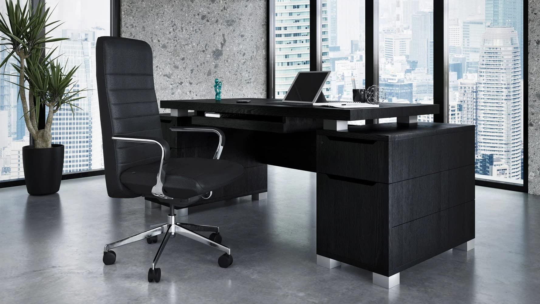 Zuri Furniture 79" Modern Ford Executive Desk with Filing Cabinets - Black Oak