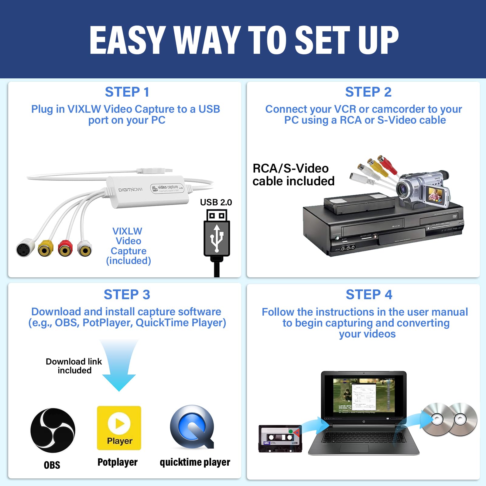 VIXLW Video Capture, USB Video Capture Device, Convert VHS to Digital, VHS/VCR/Hi8/Mini DV to Digital/DVD Converter, for Tape Player Camcorder Camera PC TV OBS, for Mac OS, Android, WinXP/7/8/10