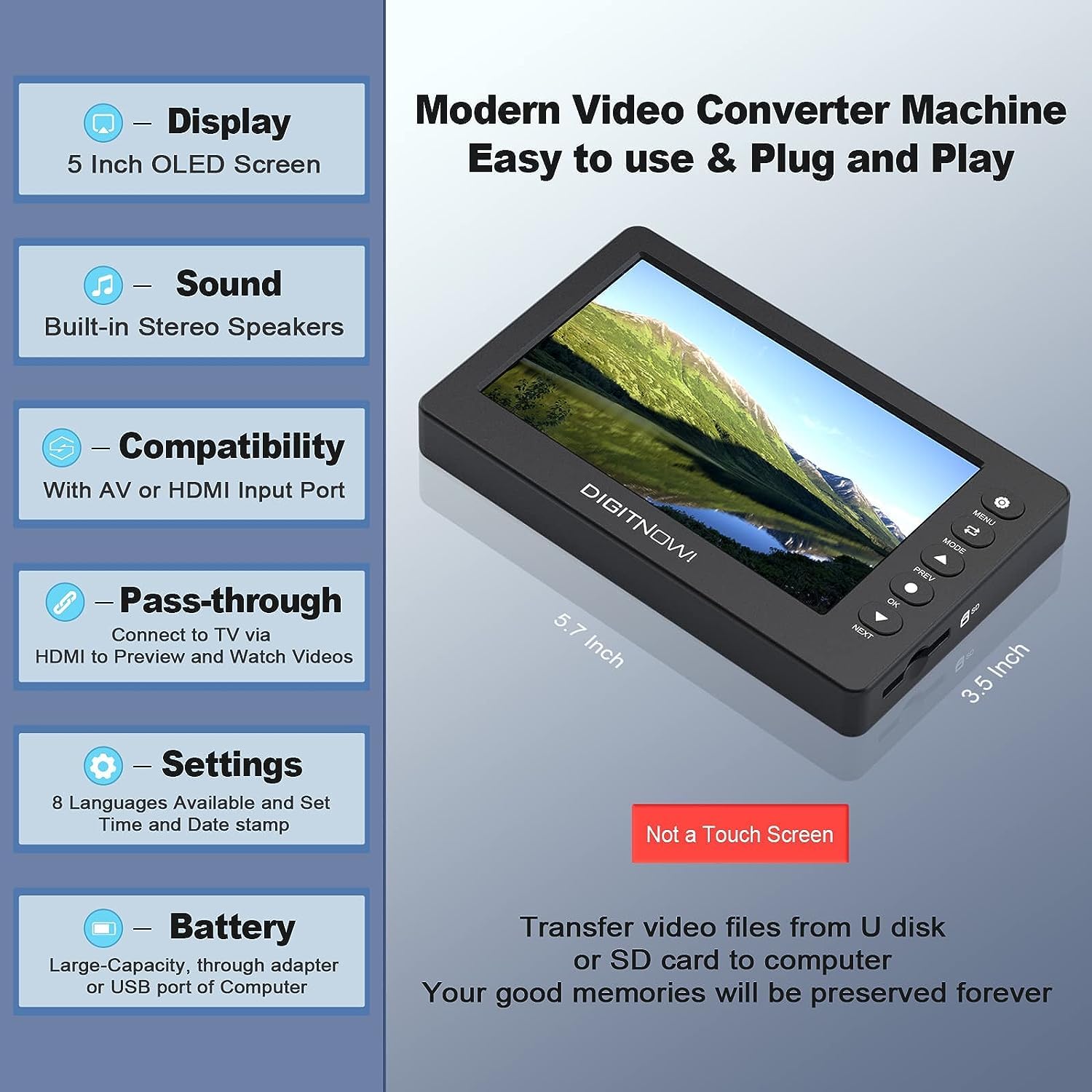 Video to Digital Converter, VHS to Digital Converter, Video Recorder Capture with 5" OLED Screen, Convert VHS to Digital, AV&HDMI Reocord from VHS, DVD, VCR, Hi8, Tapes, Camcorders, TV BOX &Gaming Sys