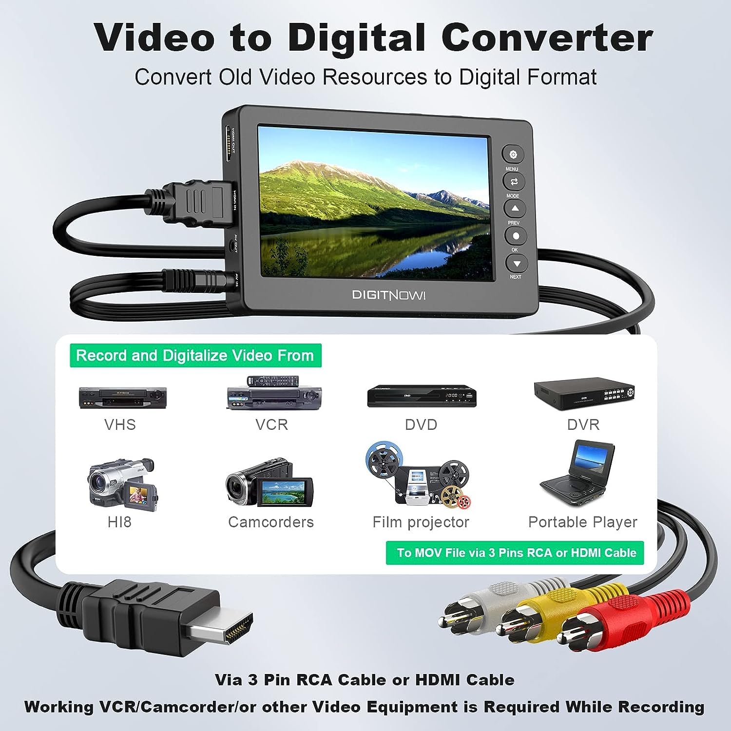 Video to Digital Converter, VHS to Digital Converter, Video Recorder Capture with 5" OLED Screen, Convert VHS to Digital, AV&HDMI Reocord from VHS, DVD, VCR, Hi8, Tapes, Camcorders, TV BOX &Gaming Sys