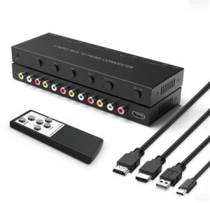 ruipuo 4port av to hdmi converter, 4port av to hdmi switcher with ir remote, support 16:9/4:3 and quick switch compatible with wii/n64/snes/xbox/ps1/ps2/ps3/vhs/vcr/dvd players etc.(4av in-1hdmi out)