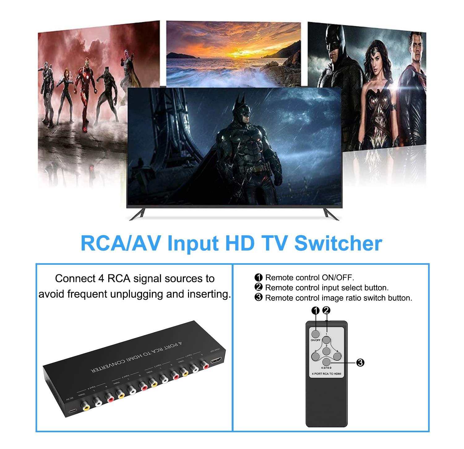 RuiPuo 4Port AV to HDMI Converter, 4Port AV to HDMI Switcher with IR Remote, Support 16:9/4:3 and Quick Switch Compatible with WII/N64/SNES/Xbox/PS1/PS2/PS3/VHS/VCR/DVD Players etc.(4AV In-1HDMI Out)