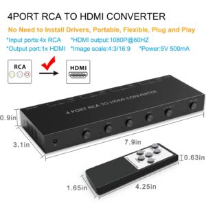 RuiPuo 4Port AV to HDMI Converter, 4Port AV to HDMI Switcher with IR Remote, Support 16:9/4:3 and Quick Switch Compatible with WII/N64/SNES/Xbox/PS1/PS2/PS3/VHS/VCR/DVD Players etc.(4AV In-1HDMI Out)